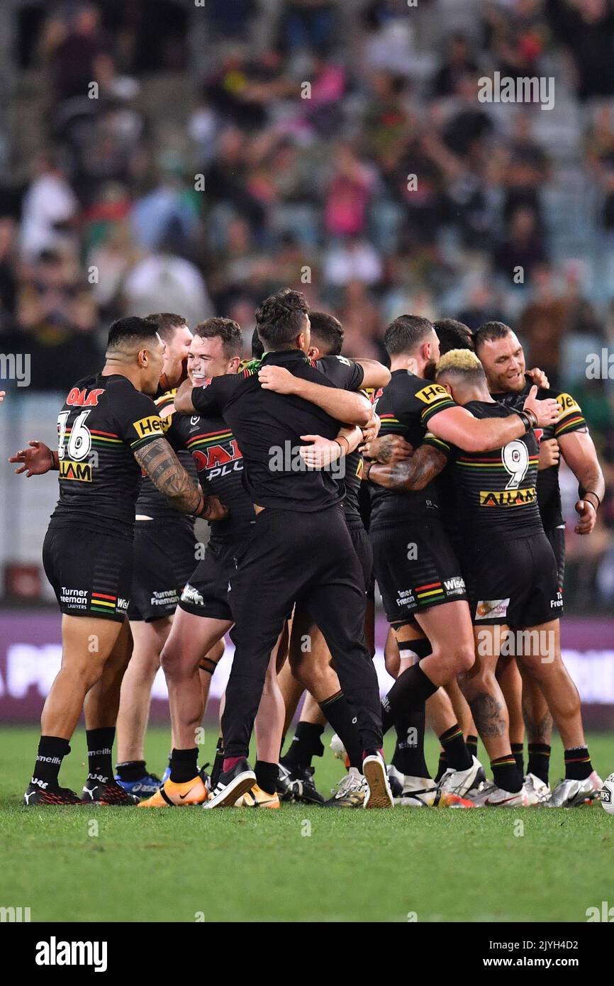 The Panthers celebrate their win over the Rabbitohs during the NRL ...