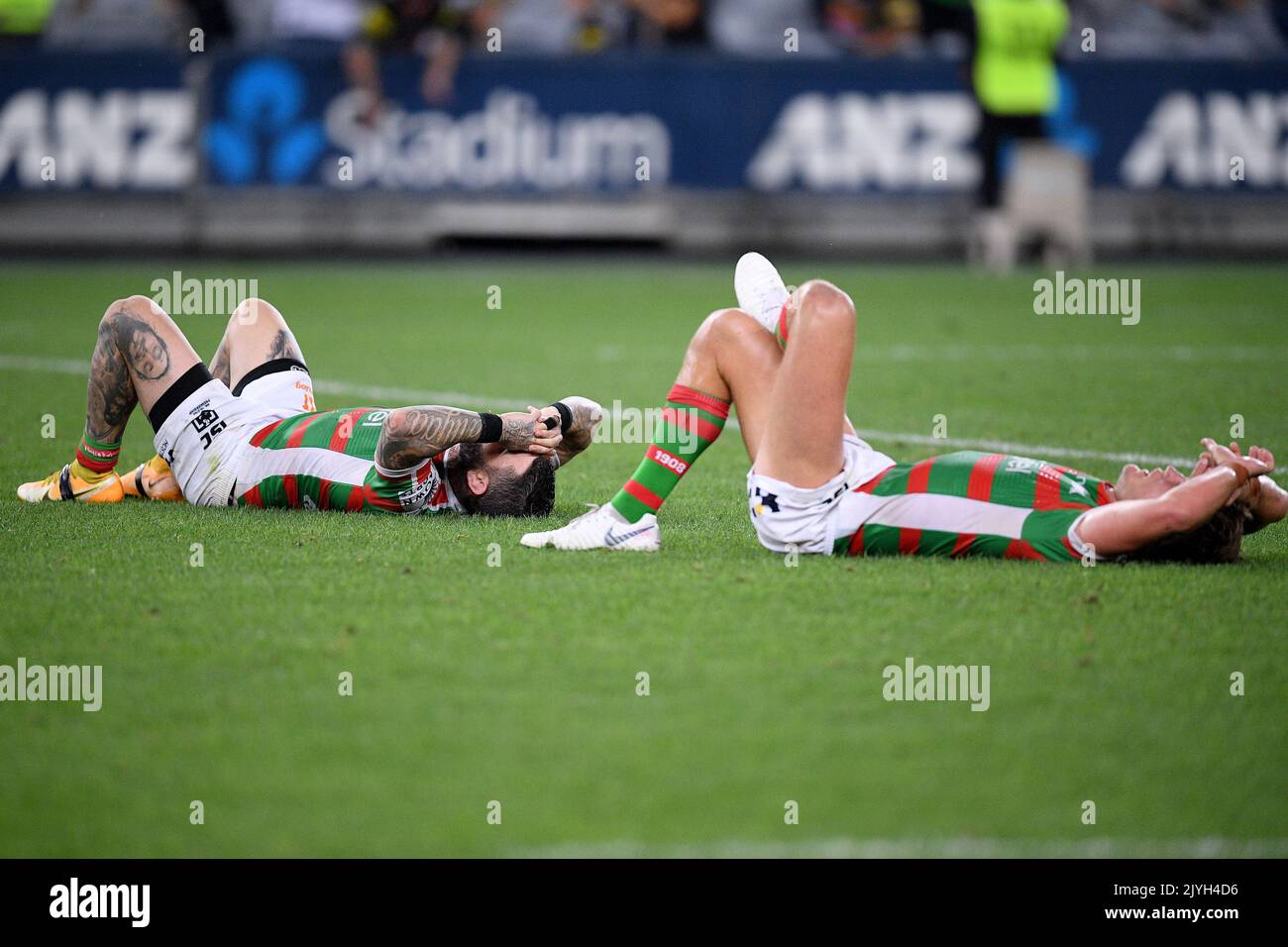 Adam Reynolds (left) and Liam Knight of the Rabbitohs react after their ...