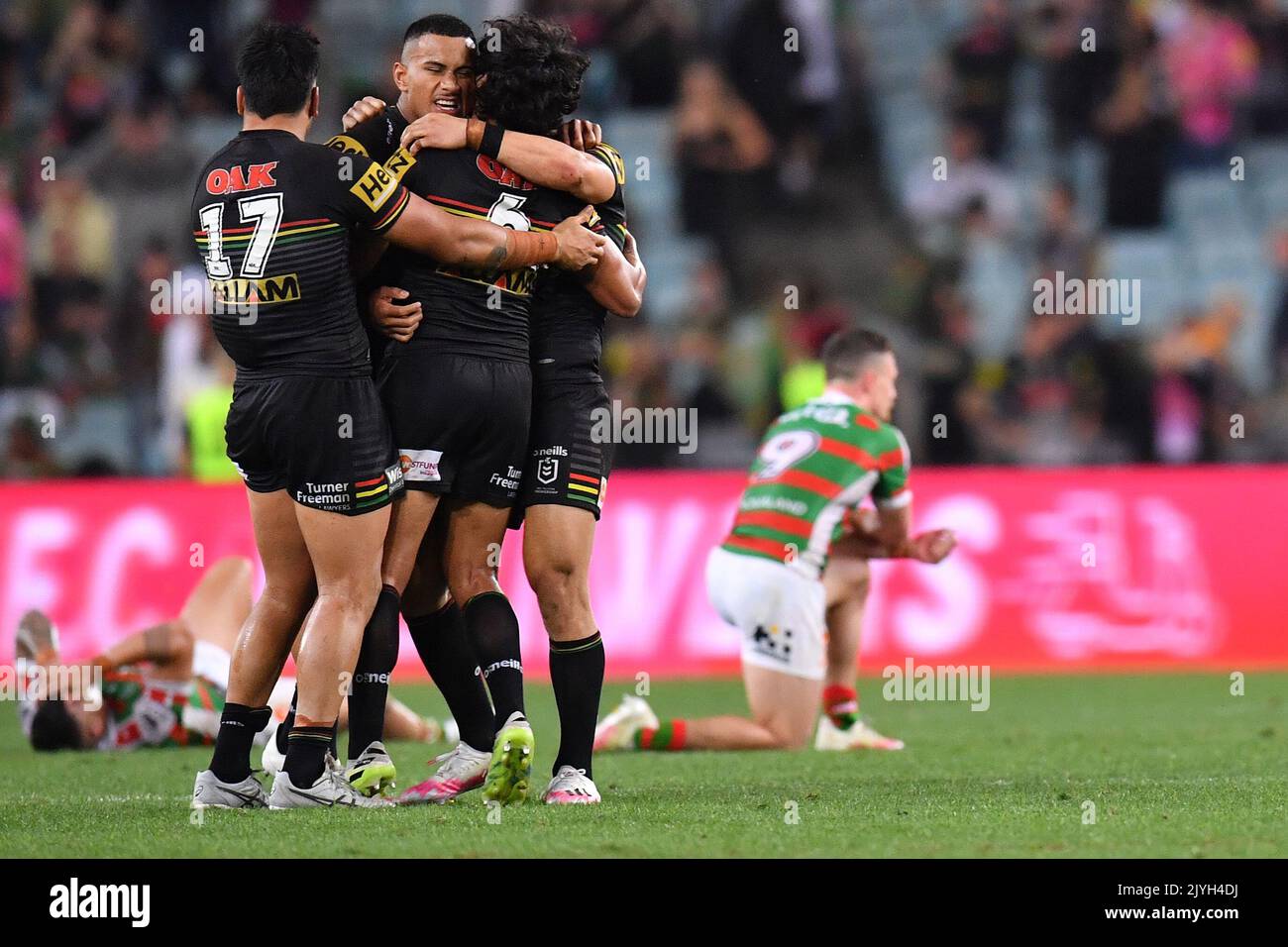 The Panthers celebrate their win over the Rabbitohsduring the NRL ...