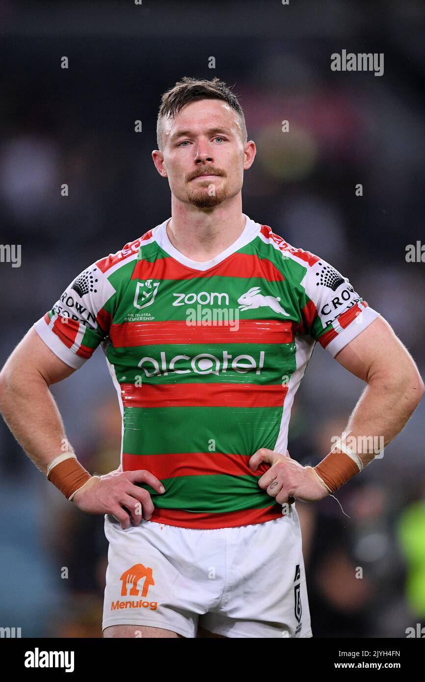 Damien Cook of the Rabbitohs reacts following the Second NRL ...