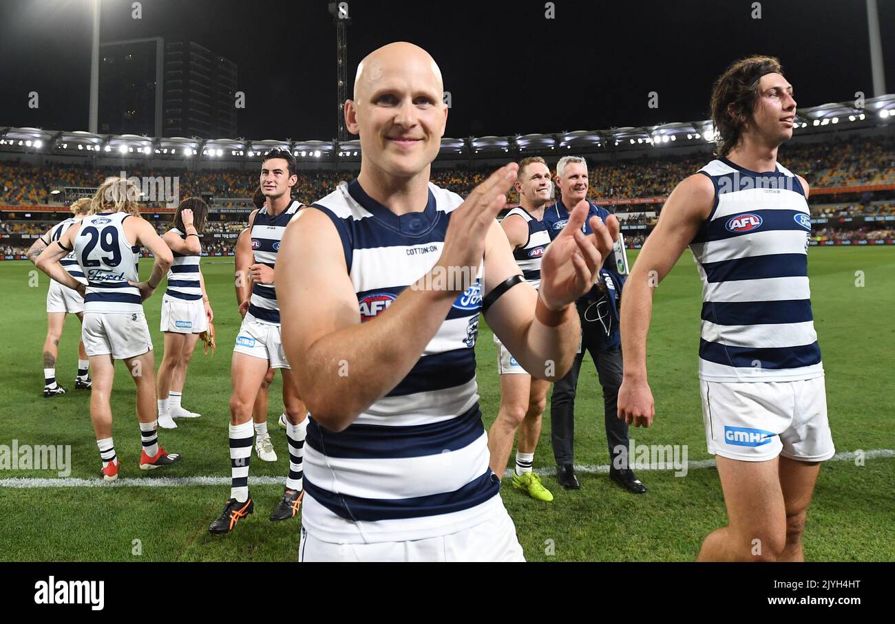 Gary Ablett of the Cats reacts following the Second AFL Preliminary ...