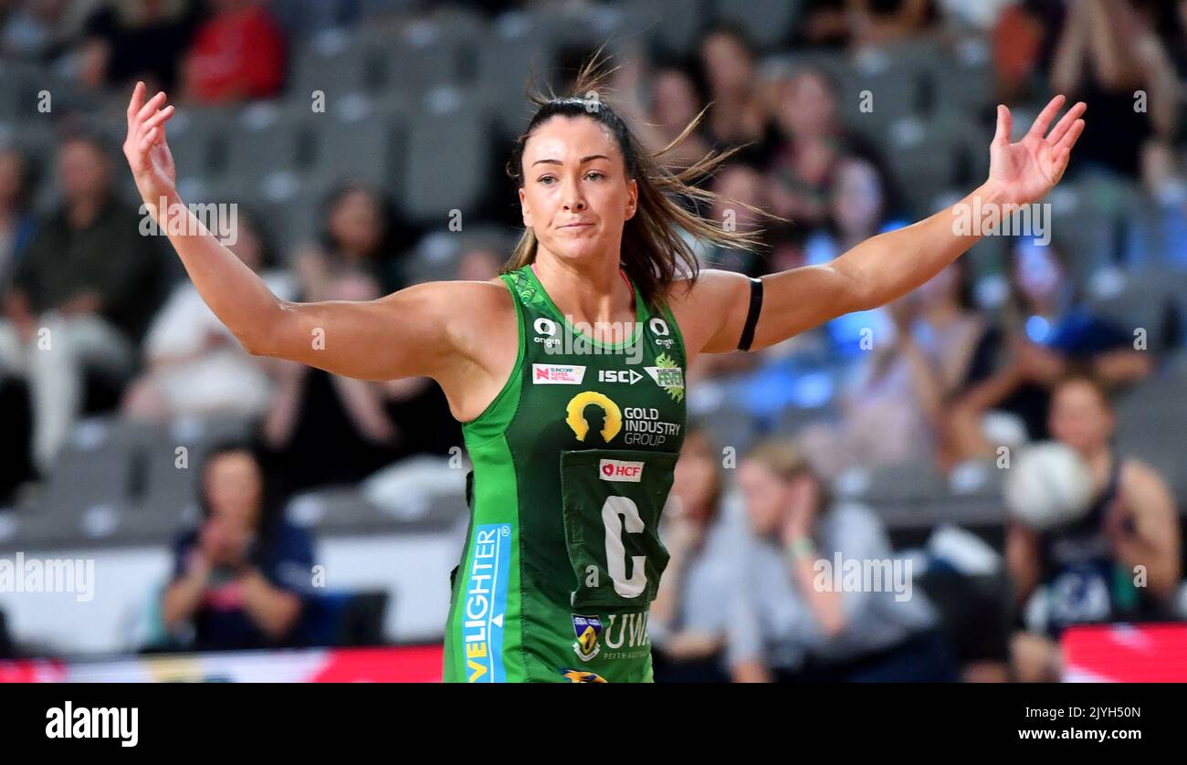Verity Charles of the Fever reacts during the Super Netball Grand Final ...