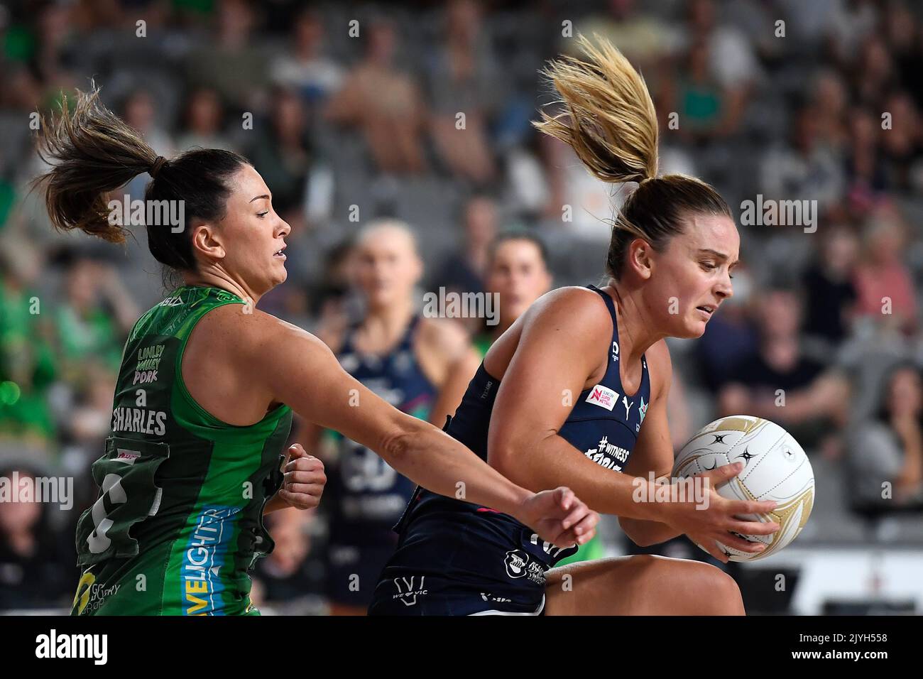 Verity Charles of the Fever and Liz Watson of the Vixens compete for ...