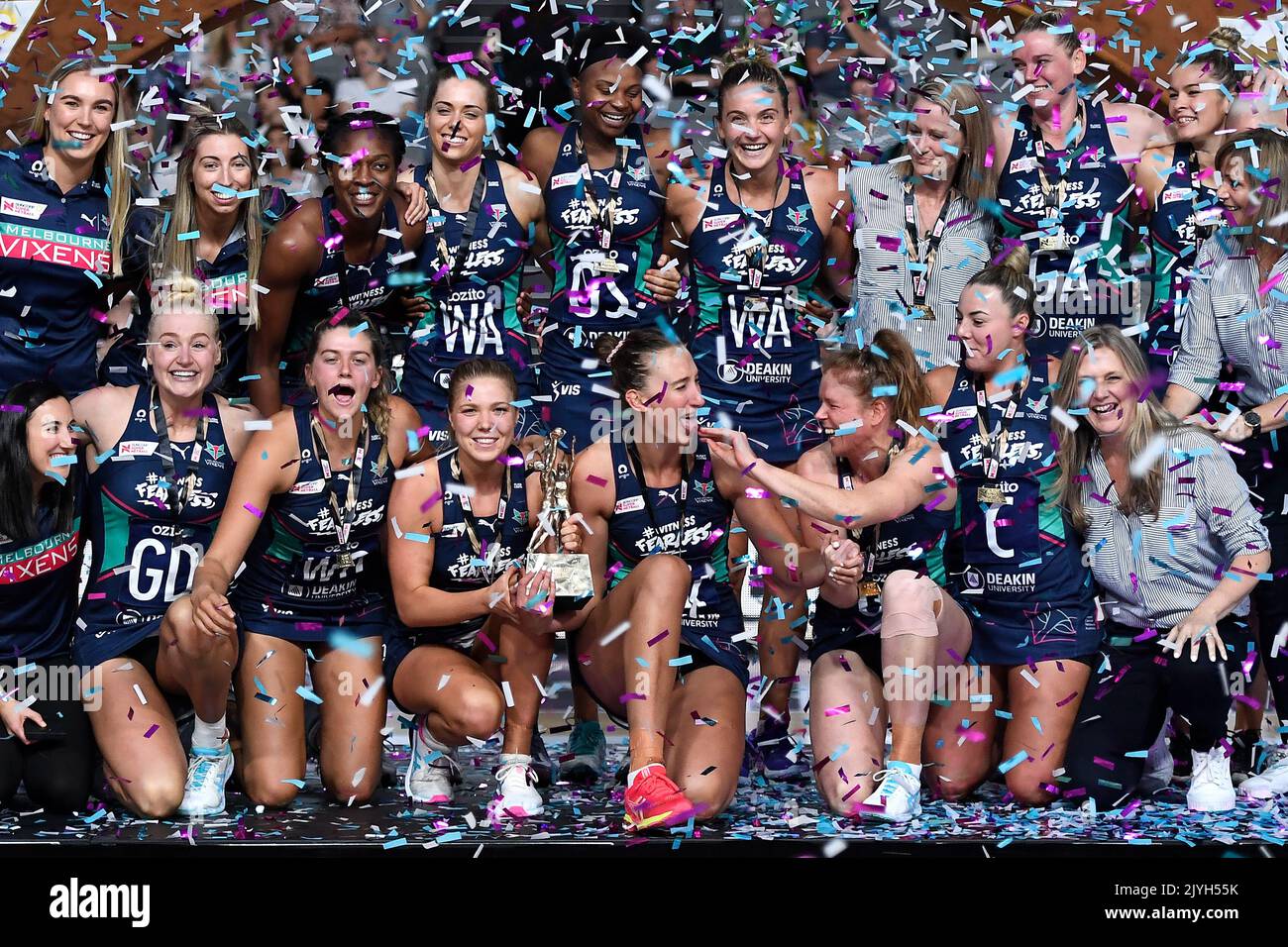 Melbourne Vixens celebrate with the trophy after their victory during ...