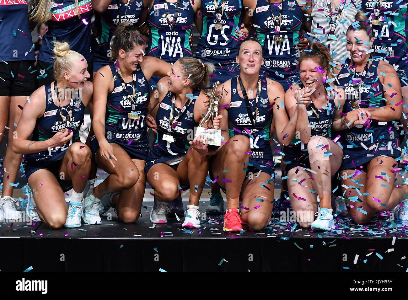 Melbourne Vixens players (L-R) Jo Weston, Kate Eddy, Kate Moloney ...