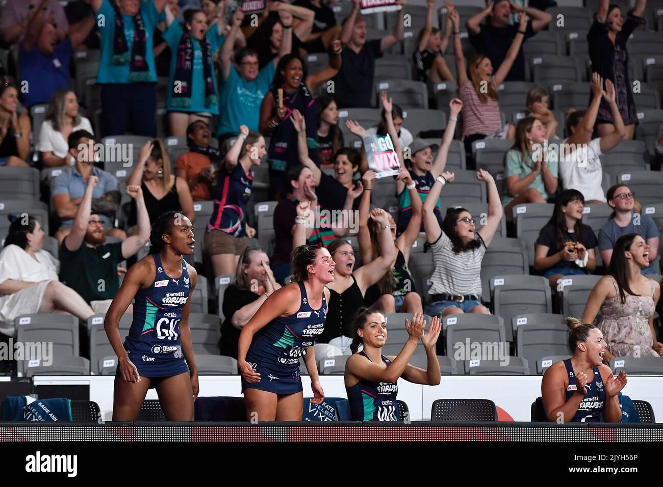 Melbourne Vixens players (L-R) Kadie-Ann Dehaney, Kate Eddy, Tayla ...