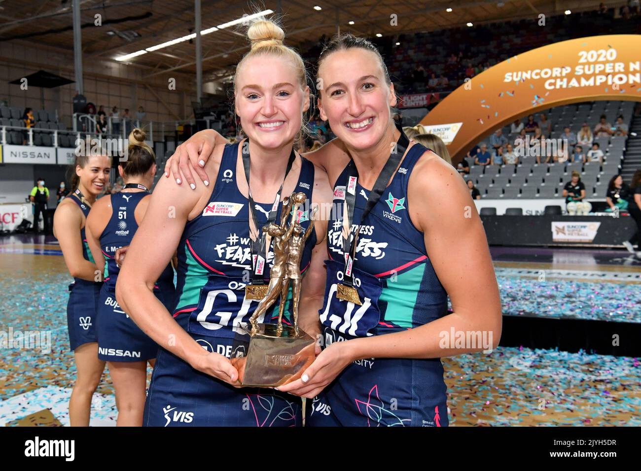 Jo Weston (left) and Emily Mannix (right) of the Vixens celebrate ...