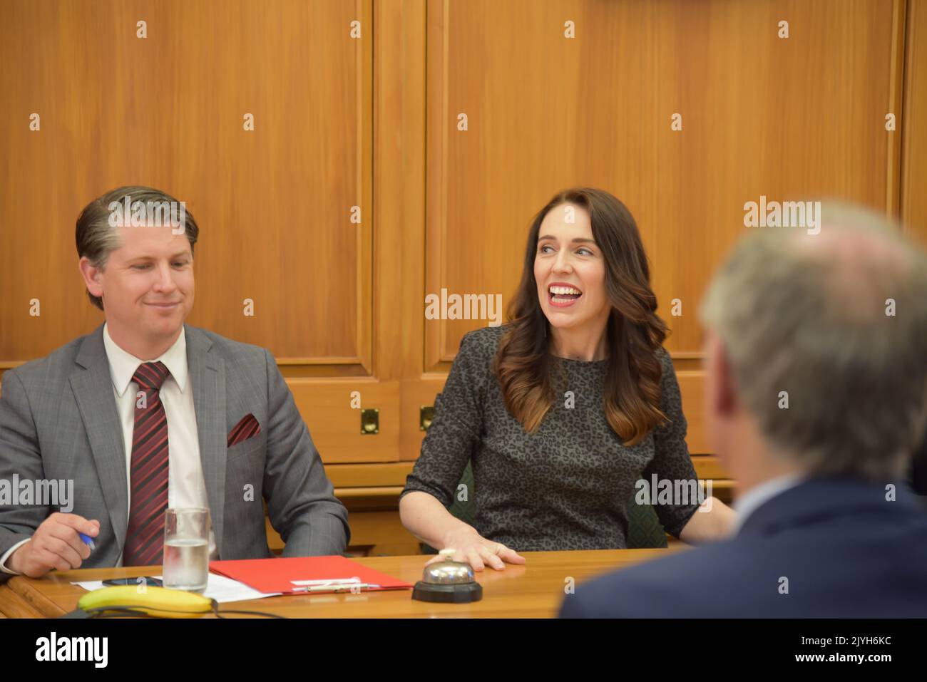 New Zealand Prime Minister Jacinda Ardern, and senior whip Michael Wood ...