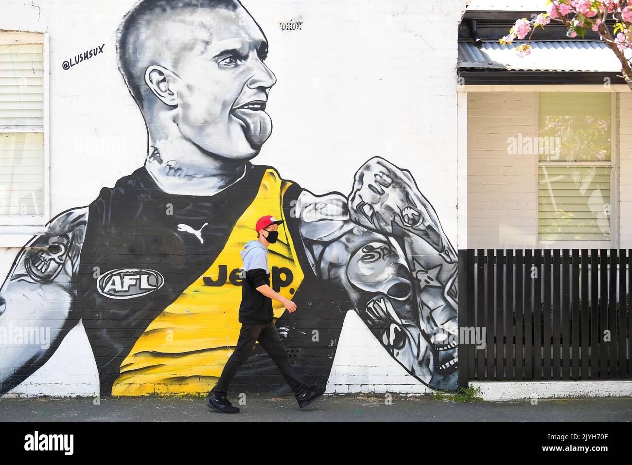 A person is seen walking past a mural of Dustin Martin of the Richmond ...