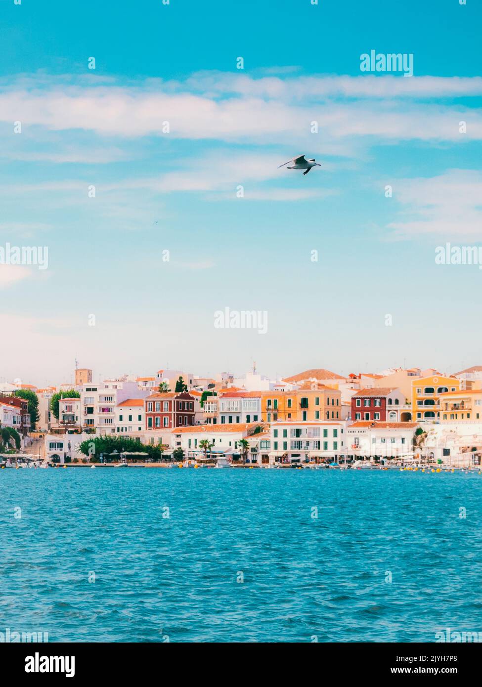 Waterfront view of Cales Fons in the town of Es Castell, Menorca, Spain ...