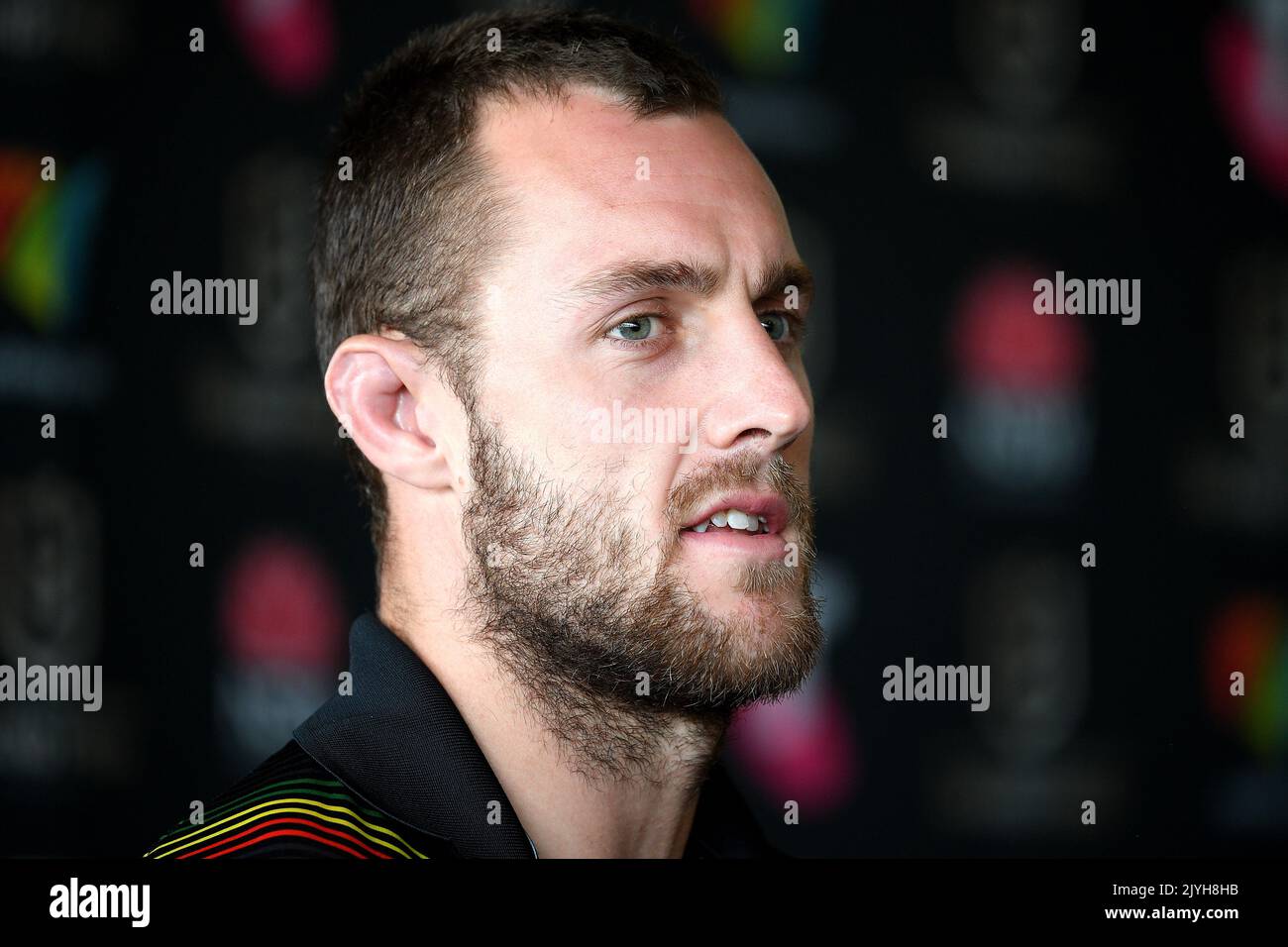 Issah Yeo of the Panthers speaks to media during a Penrith Panthers ...