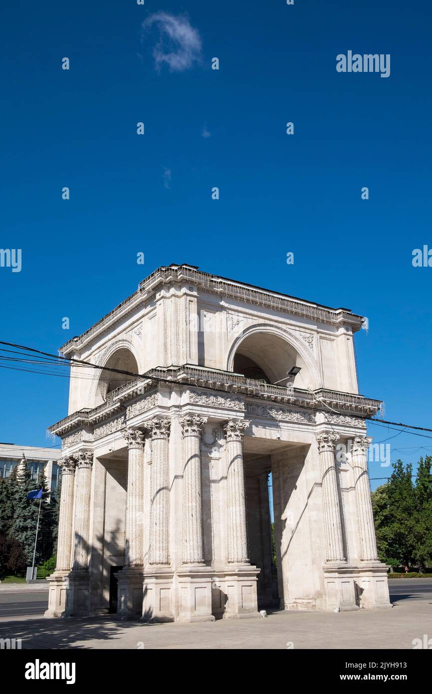 Moldova, Chisinau, Triumphal Arch in front of the government building ...