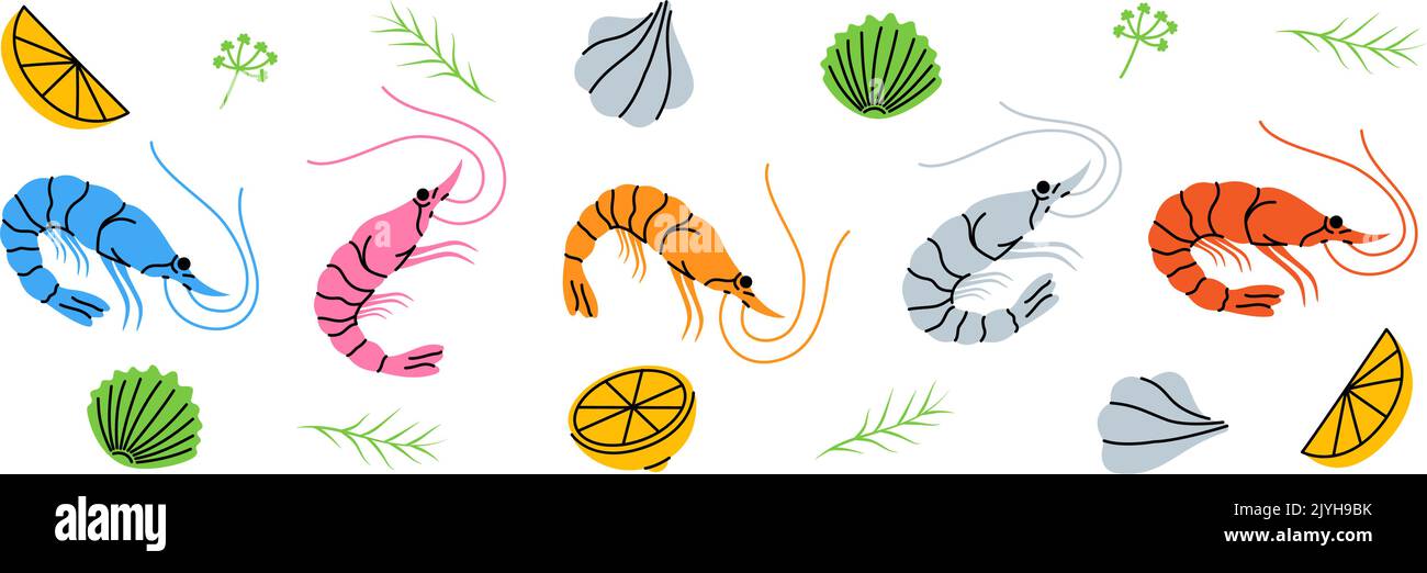 Shrimp banner for meal menu. Shrimp prawn with lemon slices, garlic and ...