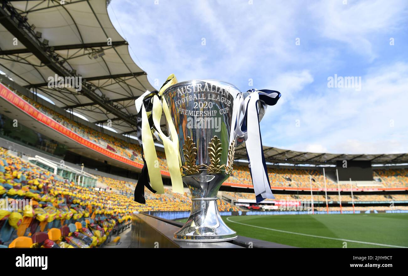 The 2020 AFL Premiership Cup is seen at The Gabba, Brisbane, Friday ...