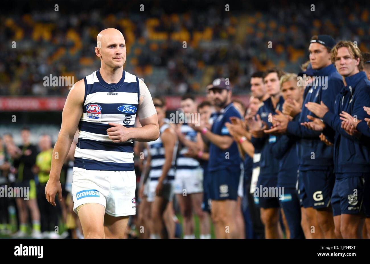 Gary Ablett of the Cats reacts as he leave the field following the AFL ...