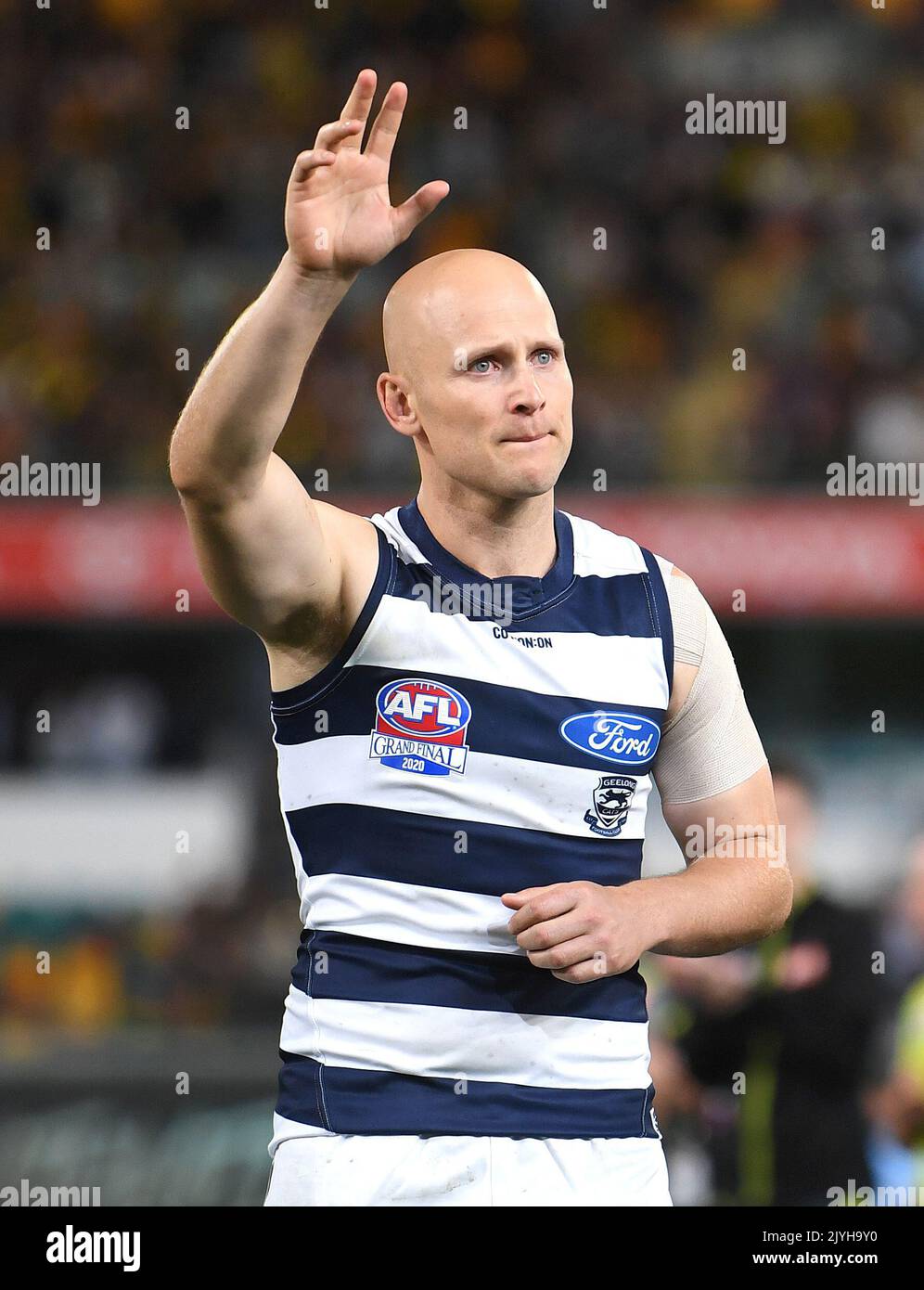 Gary Ablett of the Cats reacts as he leave the field following the AFL ...