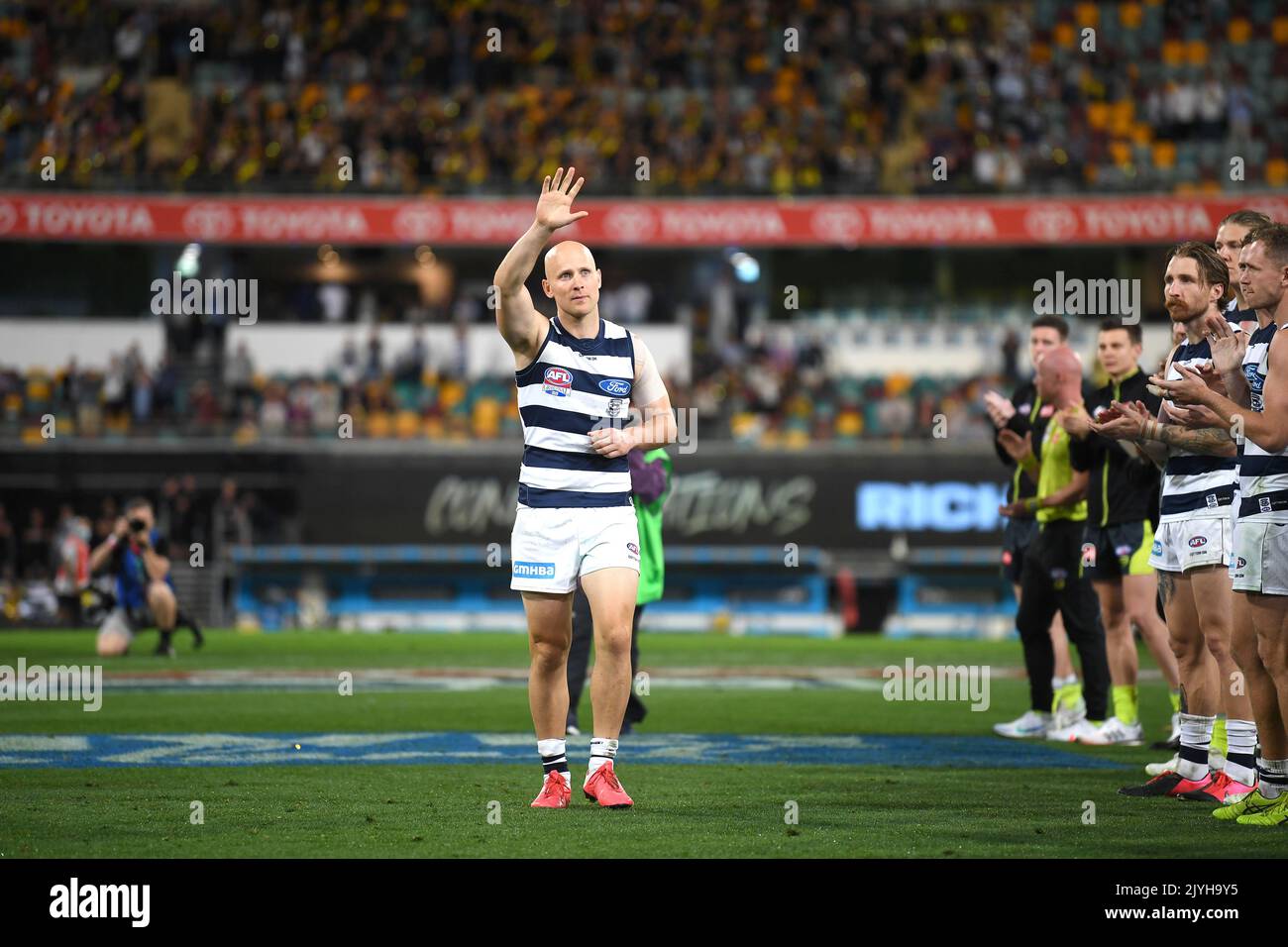 Gary Ablett of the Cats reacts as he leave the field following the AFL ...