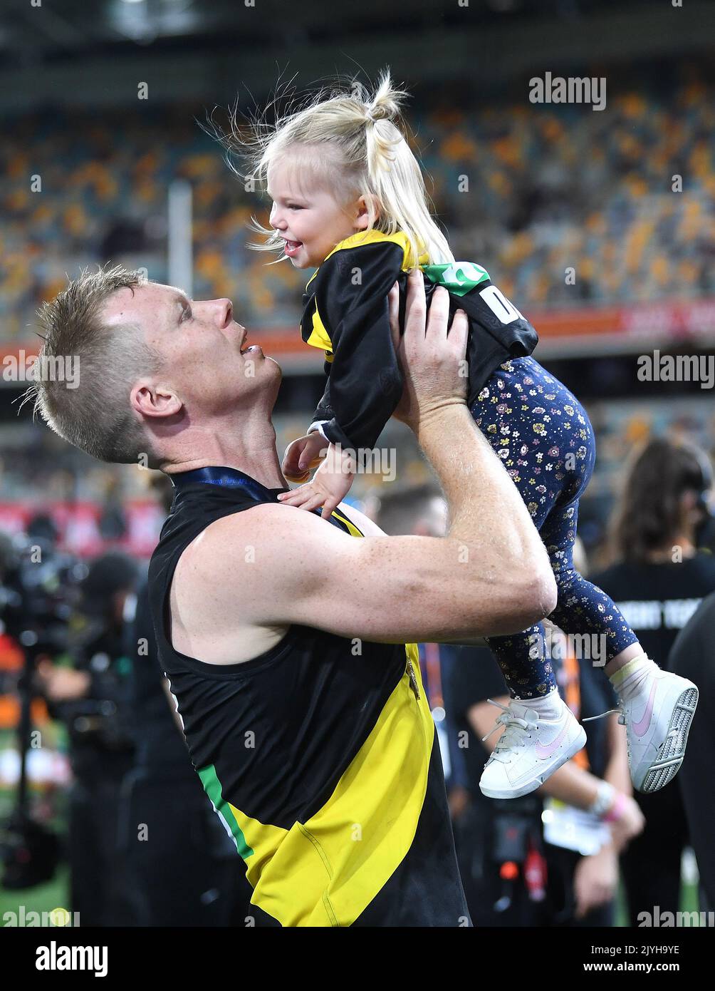 Jack Riewoldt of the Tigers celebrates with his daughter following the ...