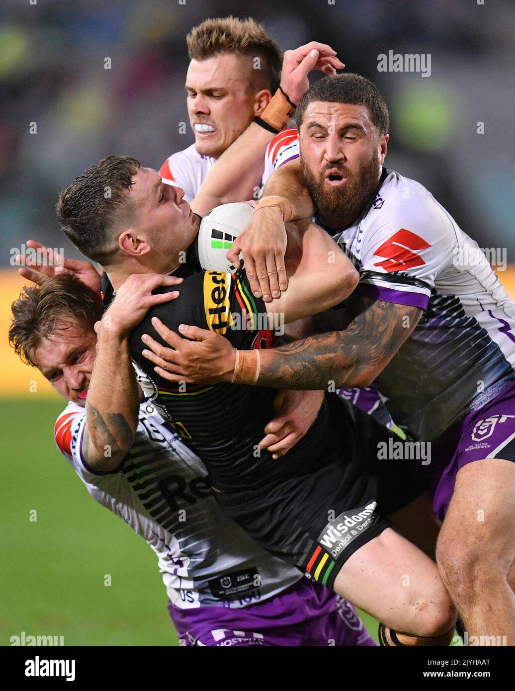 Liam Martin of the Panthers is tackled during the NRL Grand Final ...