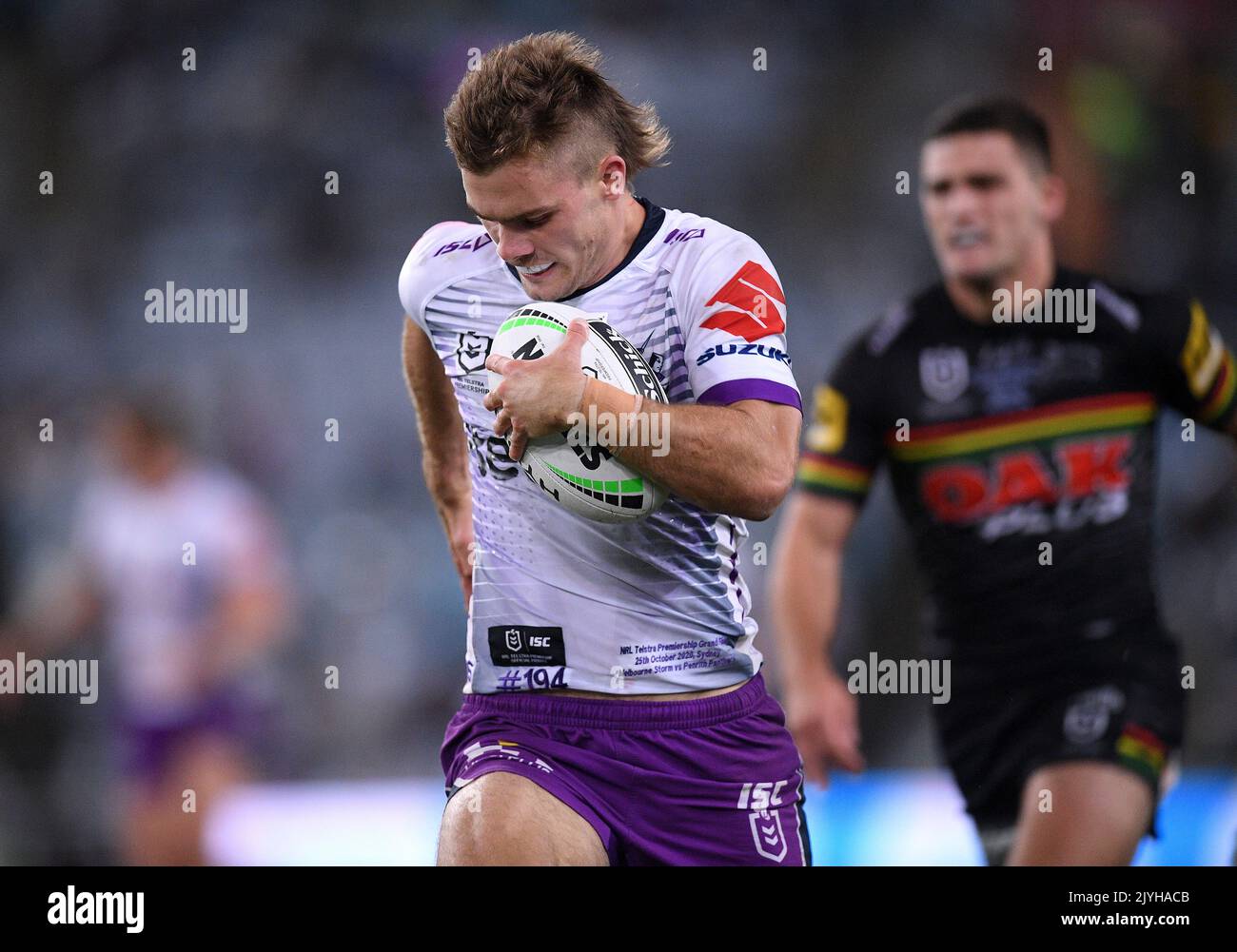 Ryan Papenhuyzen of the Storm breaks away to score a try during the NRL ...