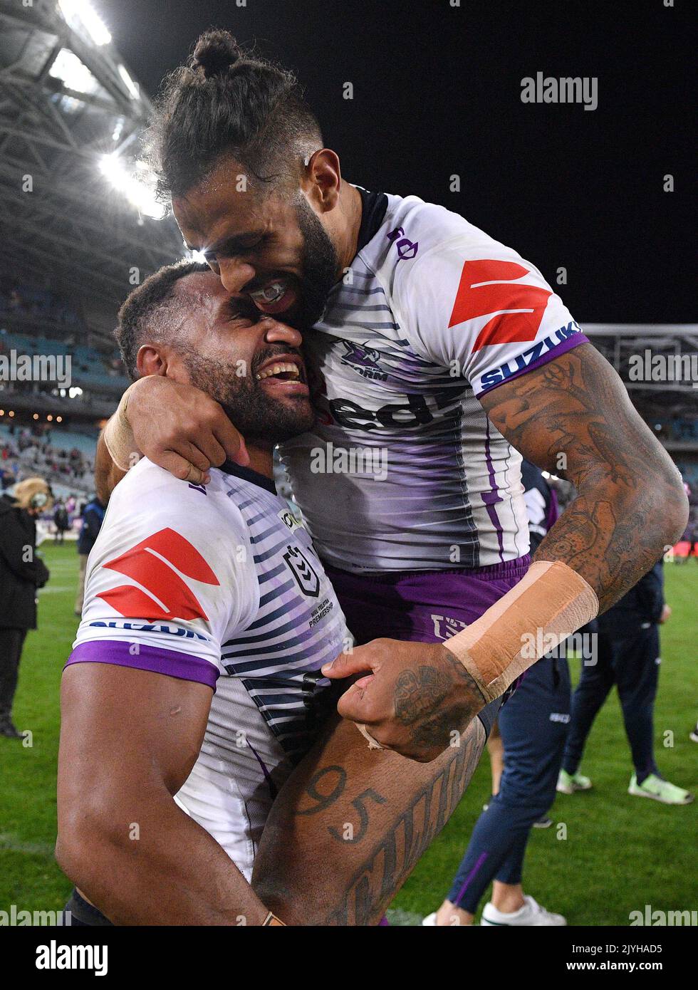 Justin Olam (left) and Josh Addo-Carr of the Storm celebrate following ...