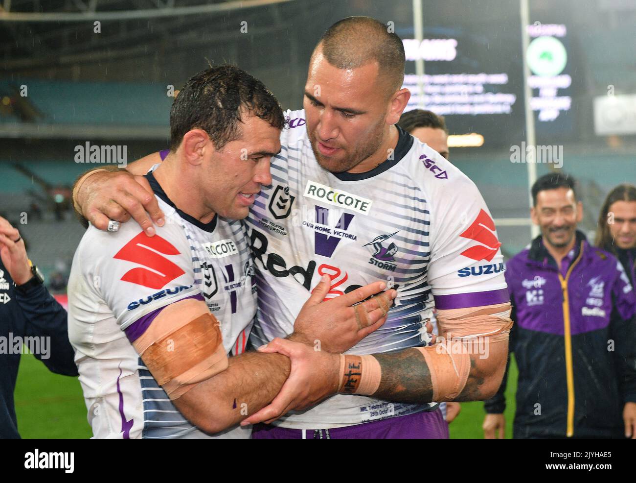 Dale Finucane (left) and Nelson Asofa-Solomona of the Storm celebrate ...