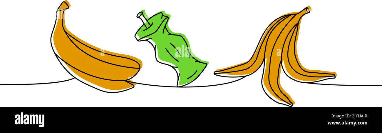 Set of organic trash one line colored continuous drawing. Peel of ...