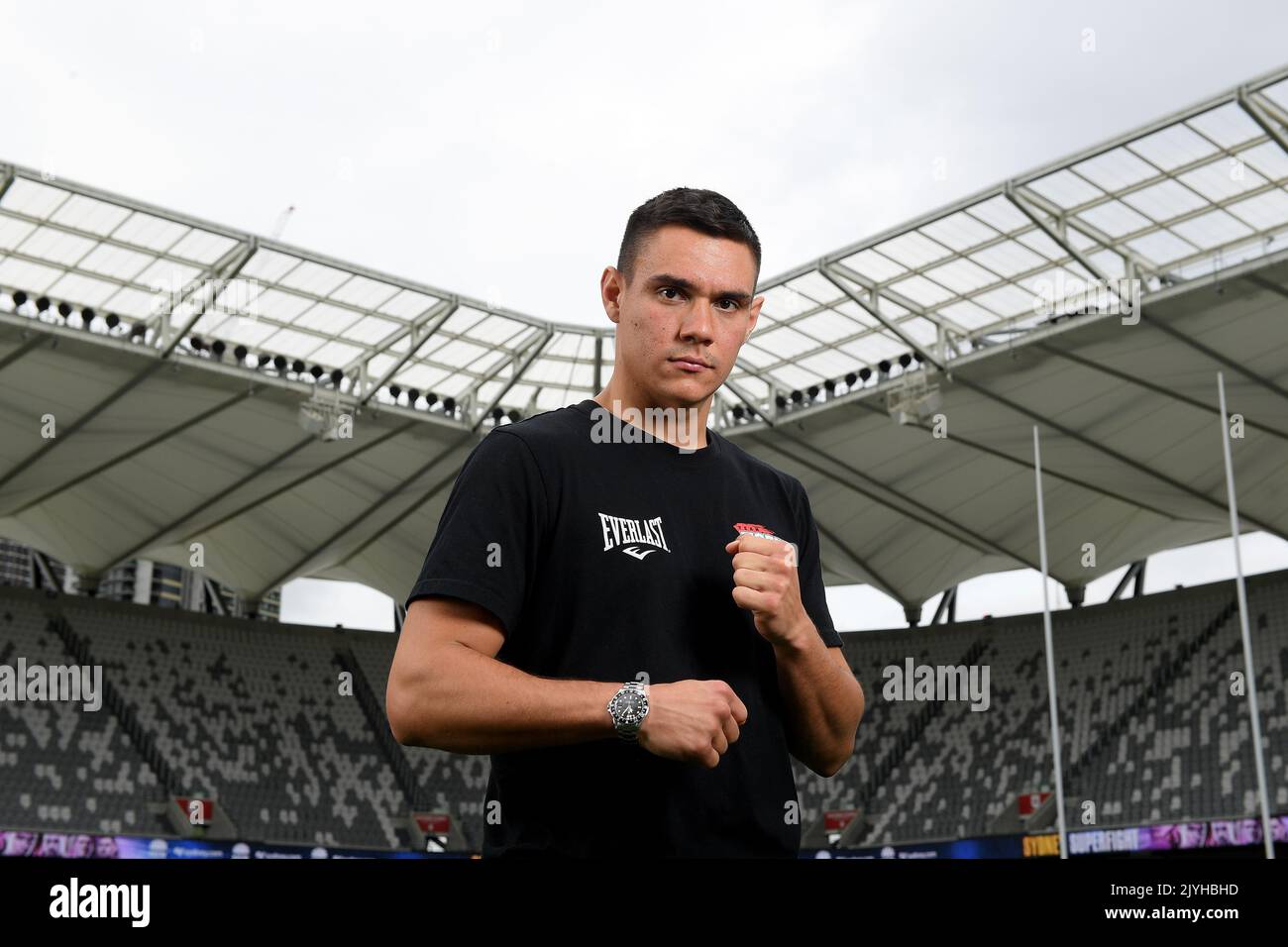 Austral;ian boxer Tim Tszyu poses for a photograph following a press ...