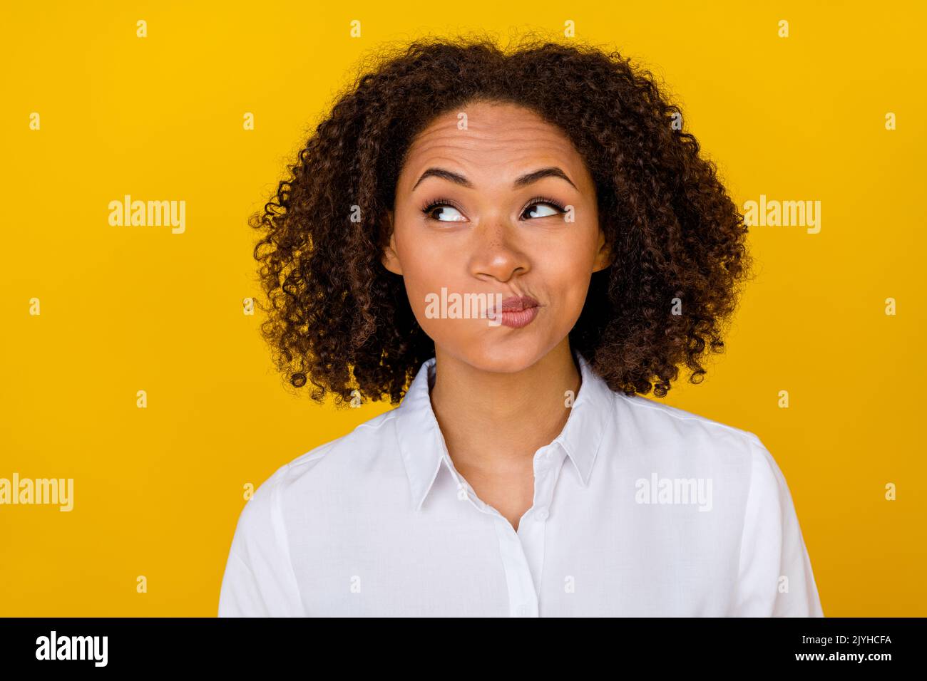 Close up photo of cute mischief funky lady have creative idea hmm ...