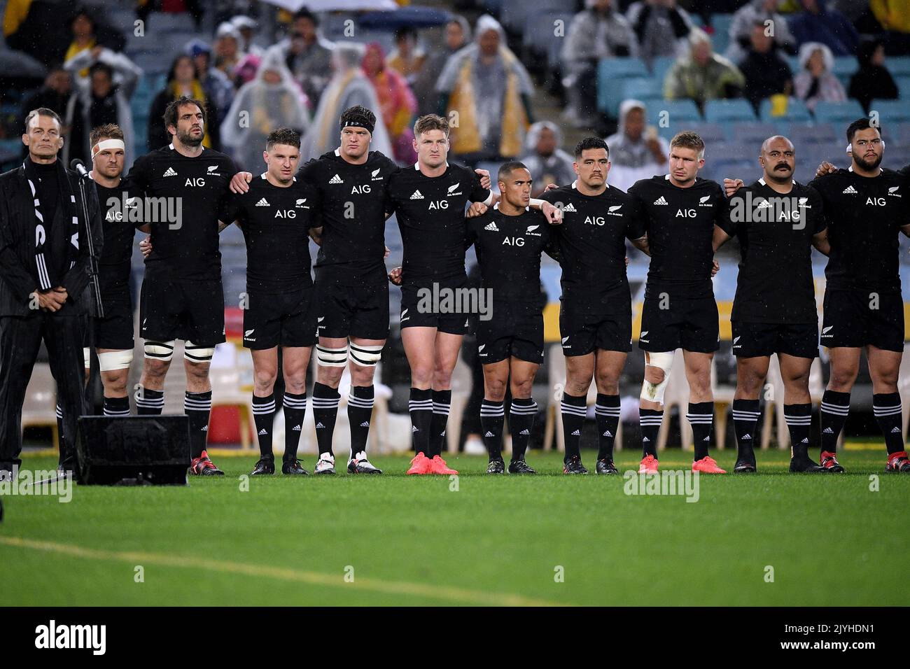 The All Blacks line up for the National Anthem ahead of the third ...