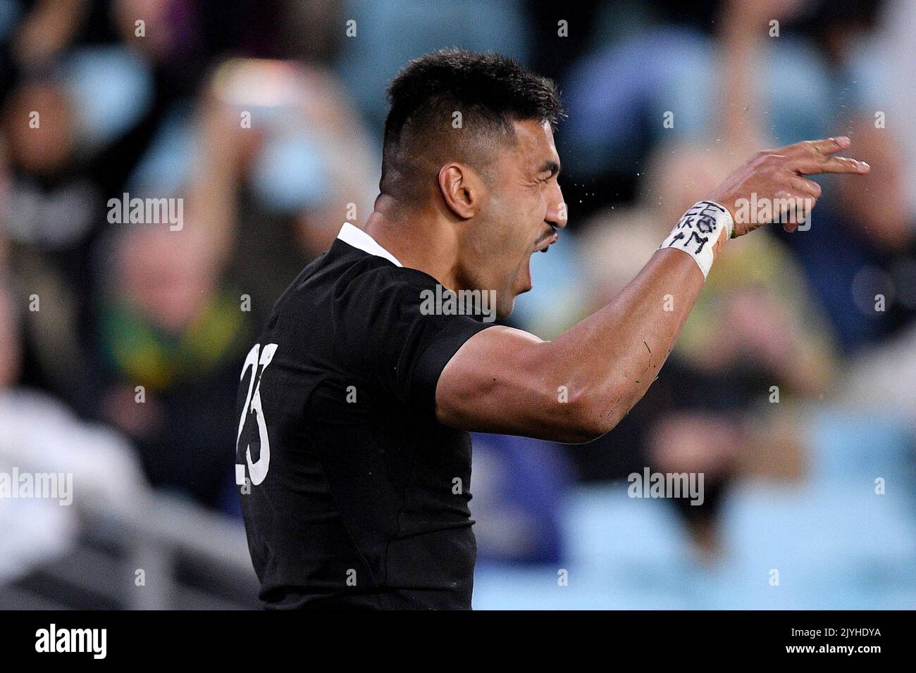 Rieko Ioane of the All Blacks celebrates after scoring a try during the ...
