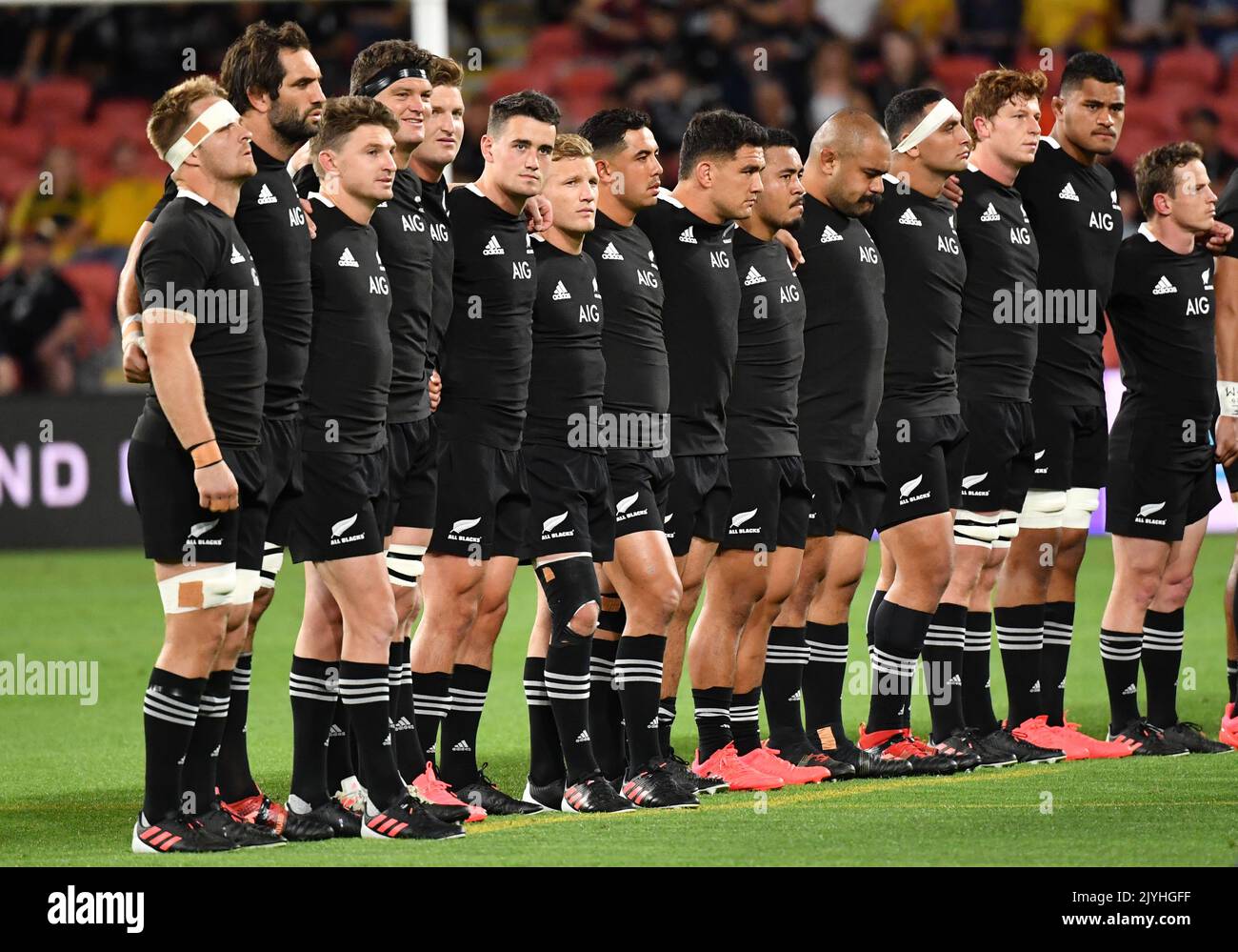All Blacks players are seen during the National Anthem during the Tri ...