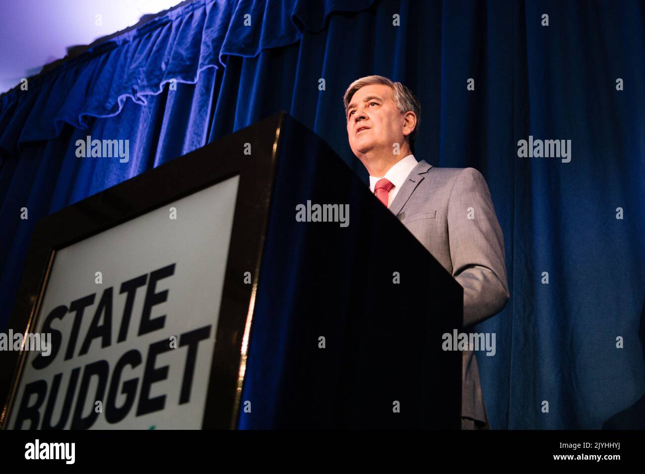 South Australian Treasurer Rob Lucas presenting the delayed 2020/21 ...