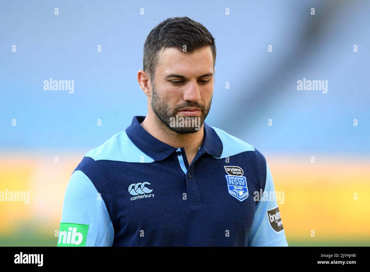 James Tedesco of the Blues is seen on the field ahead of Game 2 of the ...
