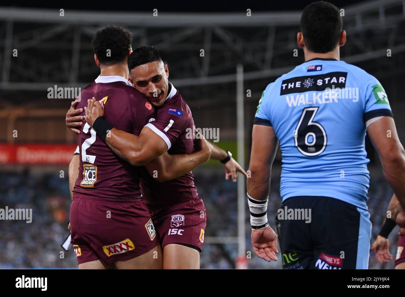 The Maroons celebrate Xavier Coates' try during Game 2 of the 2020 ...