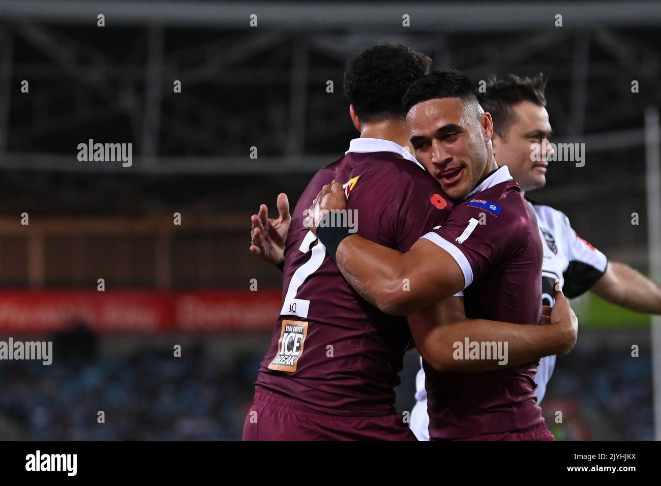 The Maroons celebrate Xavier Coates' try during Game 2 of the 2020 ...