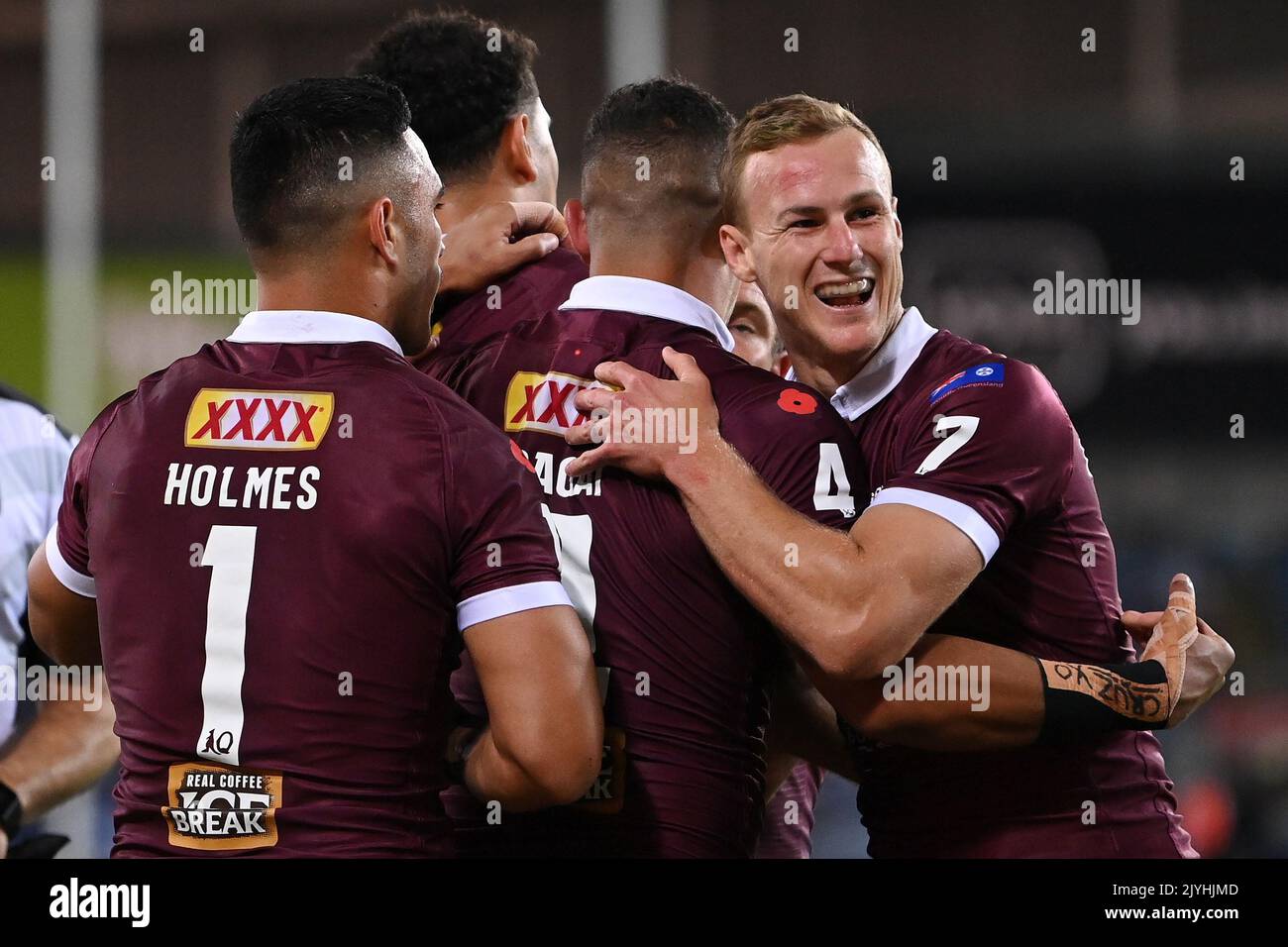 The Maroons celebrate Xavier Coates' try during Game 2 of the 2020 ...