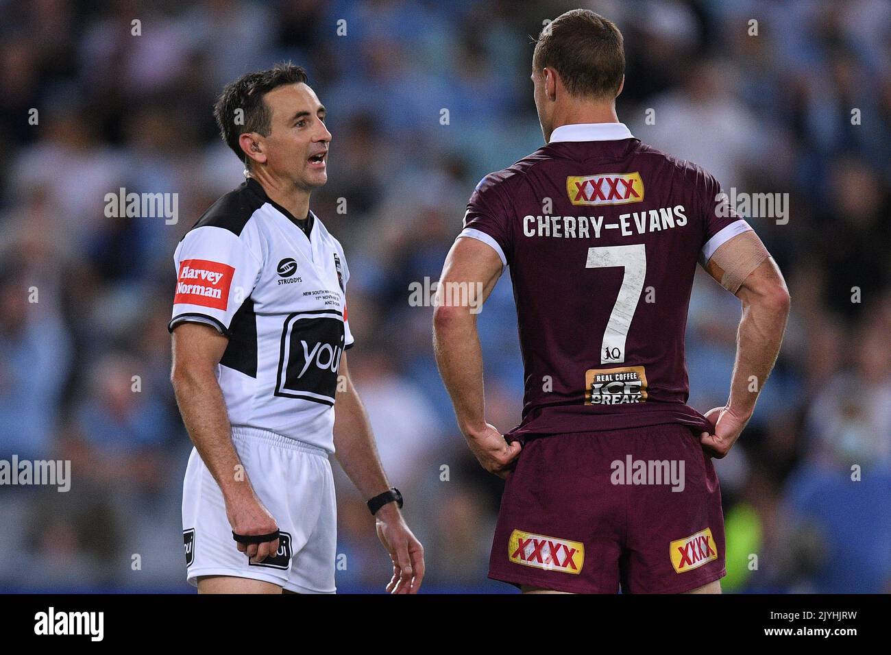 Daly Cherry-Evans of the Maroons talks with referee Gerard Sutton ...