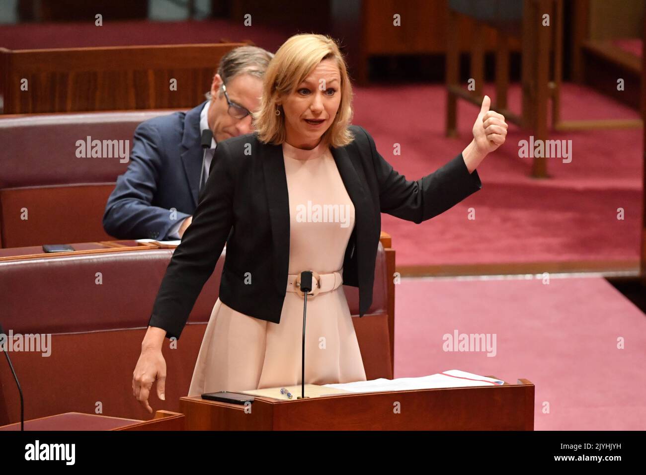 Greens Senator Larissa Waters in the Senate chamber at Parliament House ...