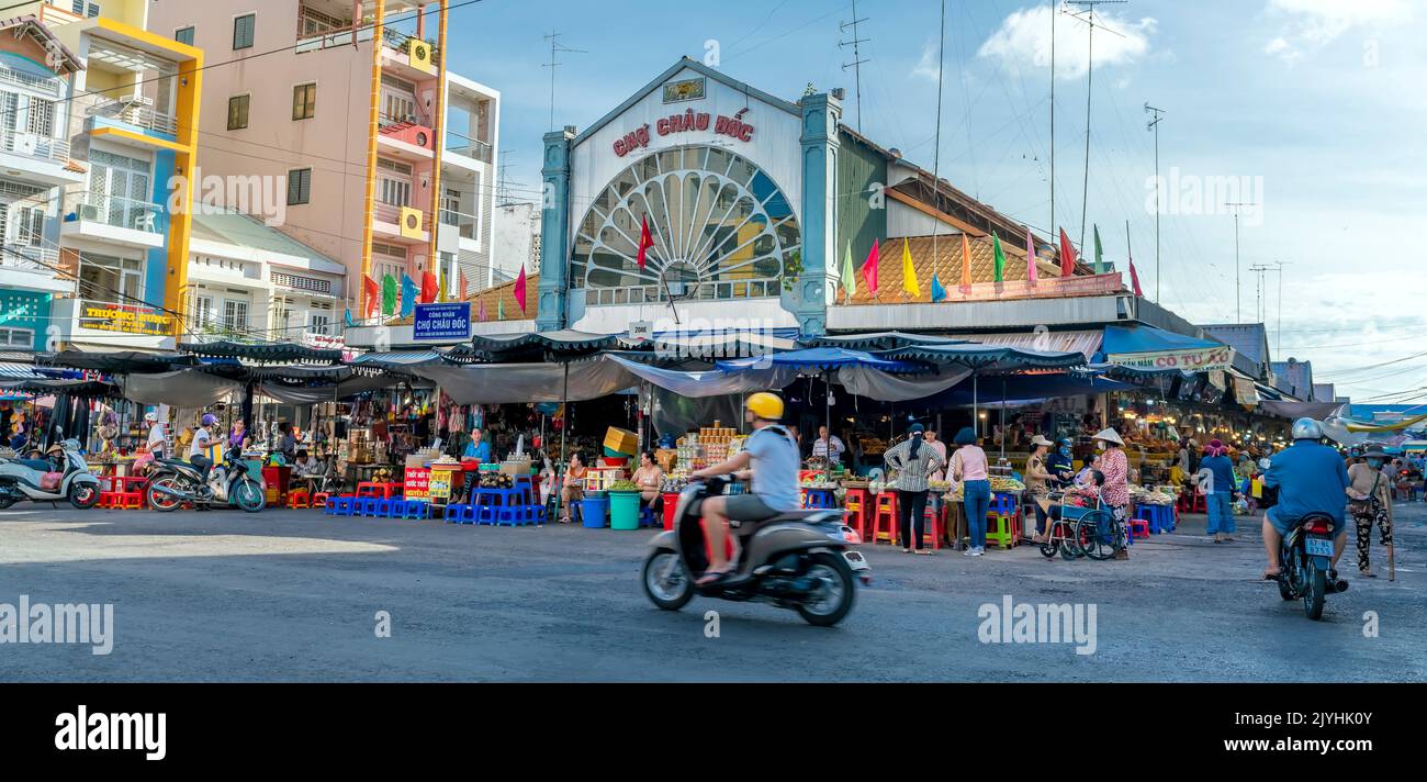 Outside view Chau Doc market gate specializing in selling specialties ...