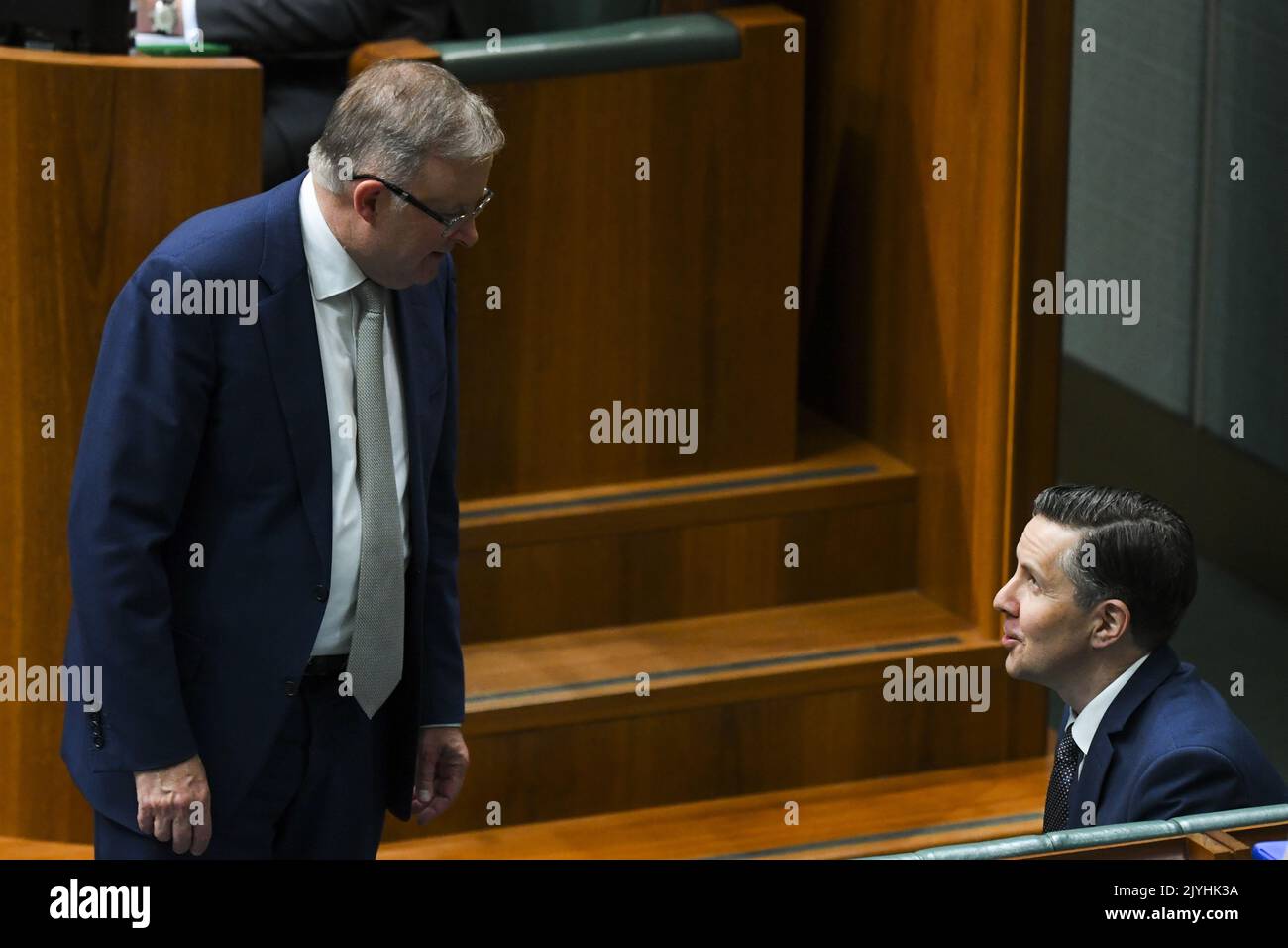 Australian Opposition Leader Anthony Albanese (left0 speaks to shadow ...