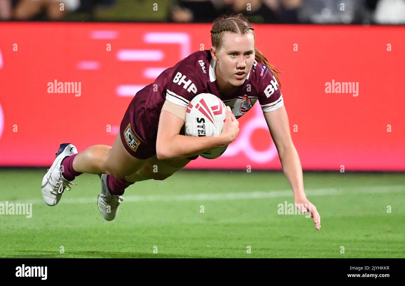 Tamika Upton of the Maroons scores a try during the Women's State of ...