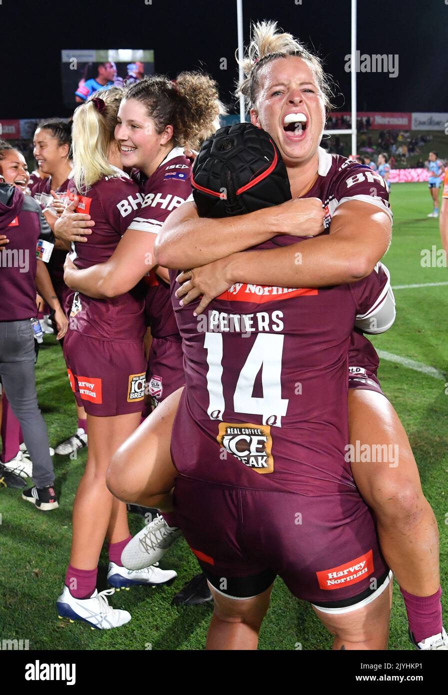 Lauren Brown (right) and Rona Peters of the Maroons celebrates winning ...