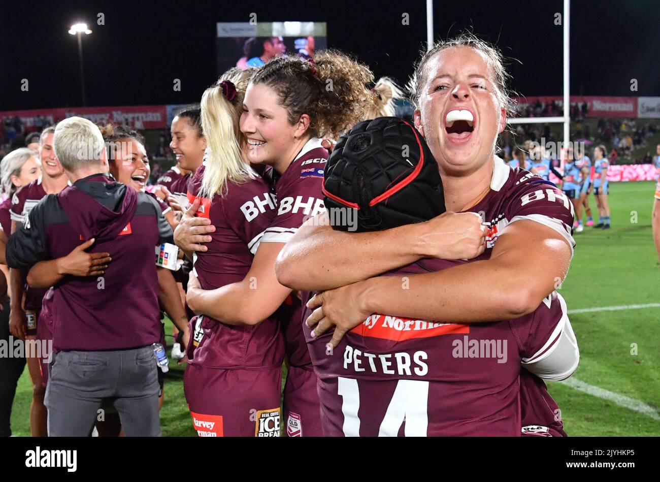 Lauren Brown (right) and Rona Peters of the Maroons celebrates winning ...