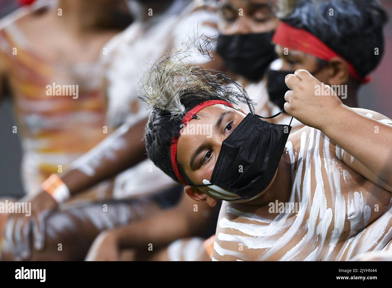 Indigenous kids wearing face masks perform ahead of Game 3 of the 2020 State of Origin series ...