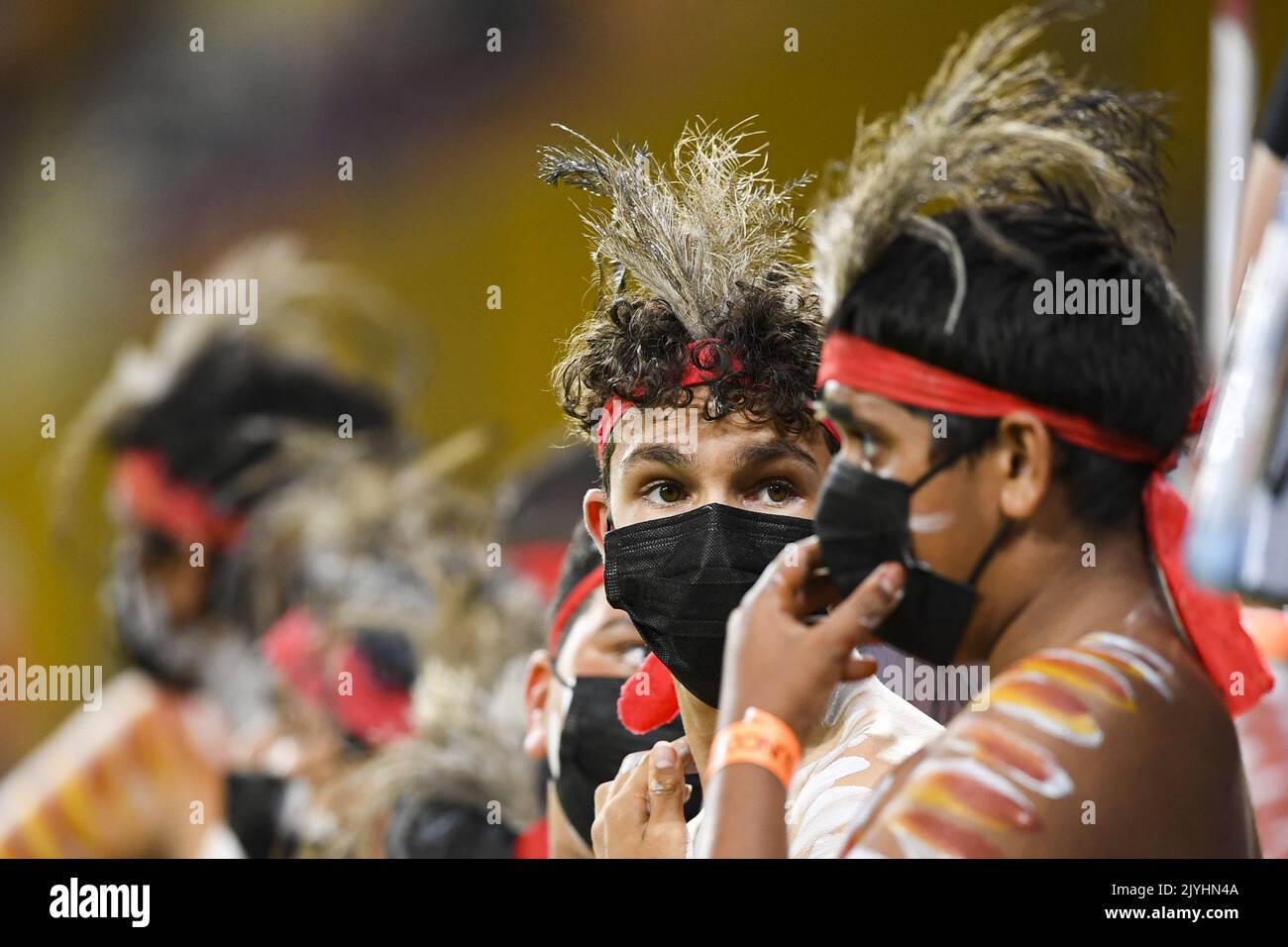 Indigenous kids wearing face masks perform ahead of Game 3 of the 2020 State of Origin series ...