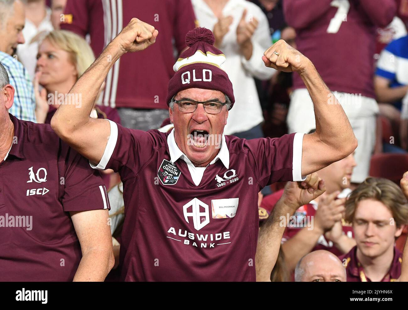 A Queensland fan reacts during Game 3 of the 2020 State of Origin ...