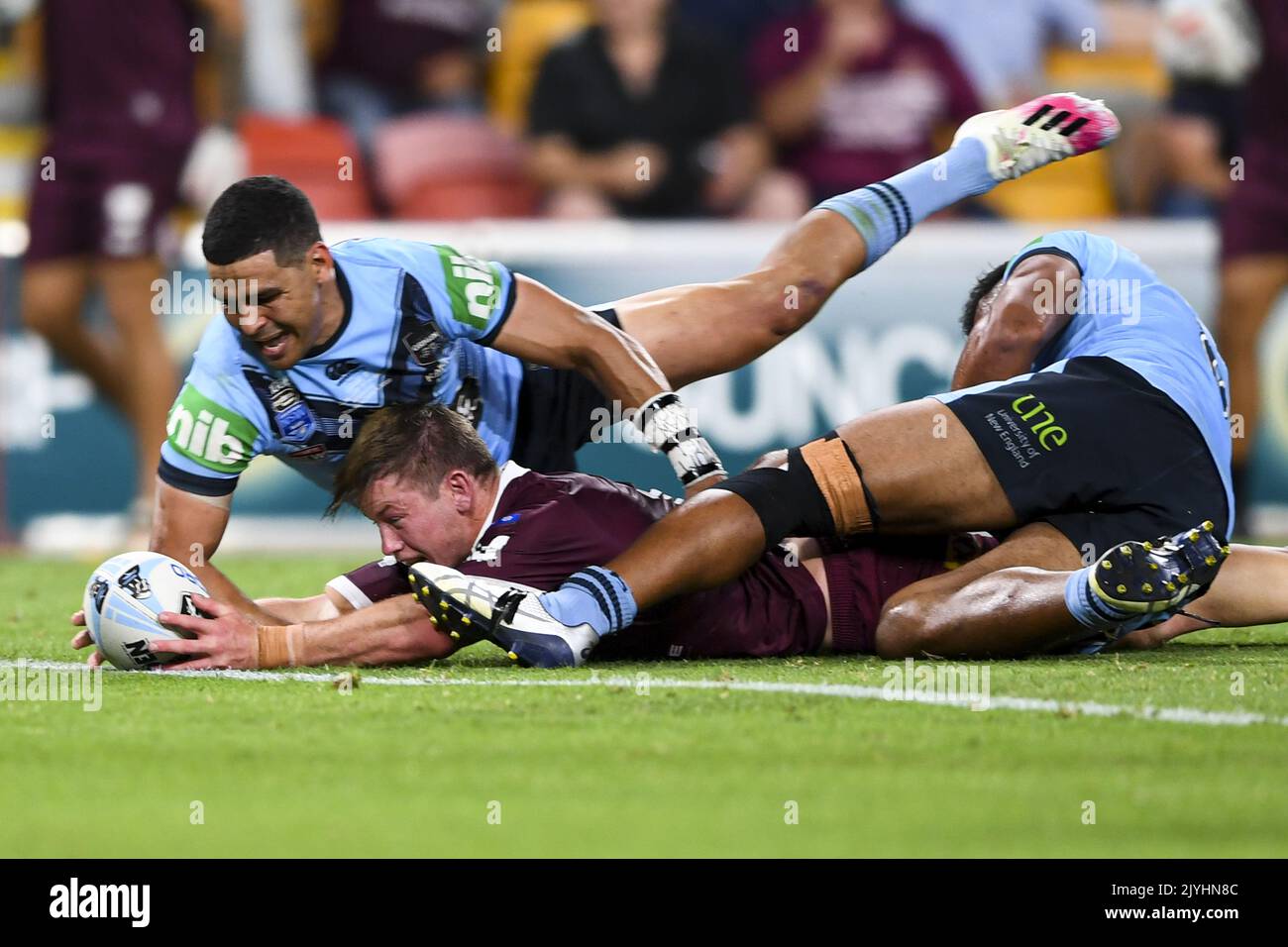 Harry Grant of the Maroons scores a try during Game 3 of the 2020 State ...