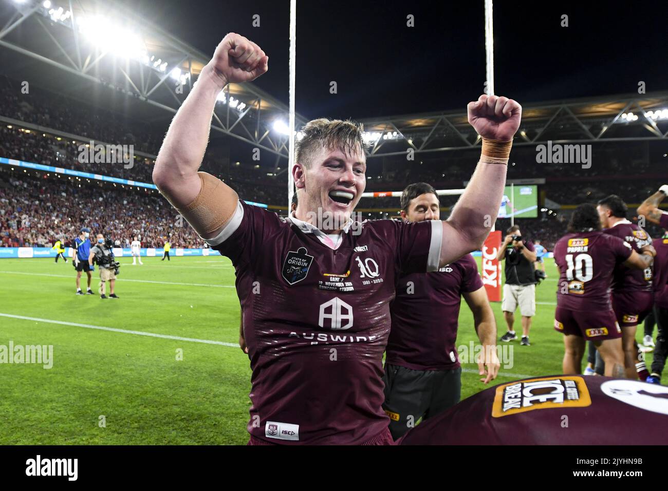 Harry Grant of the Maroons celebrates after winning Game 3 of the 2020 ...