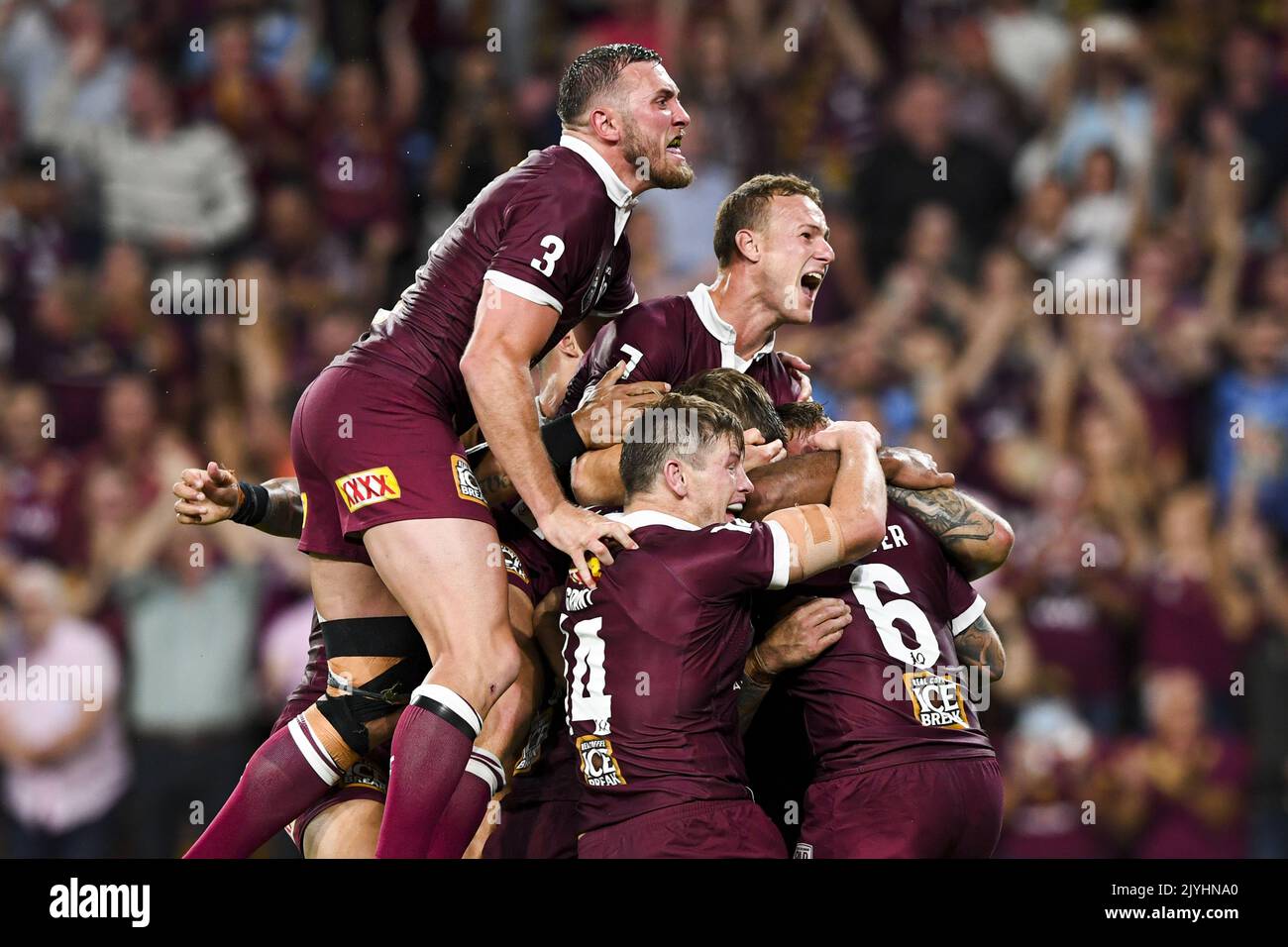 Maroons players celebrate after winning Game 3 of the 2020 State of ...